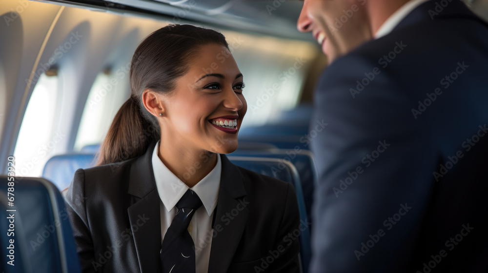 Male pilot and a female flight attendant are smiling and having a ...