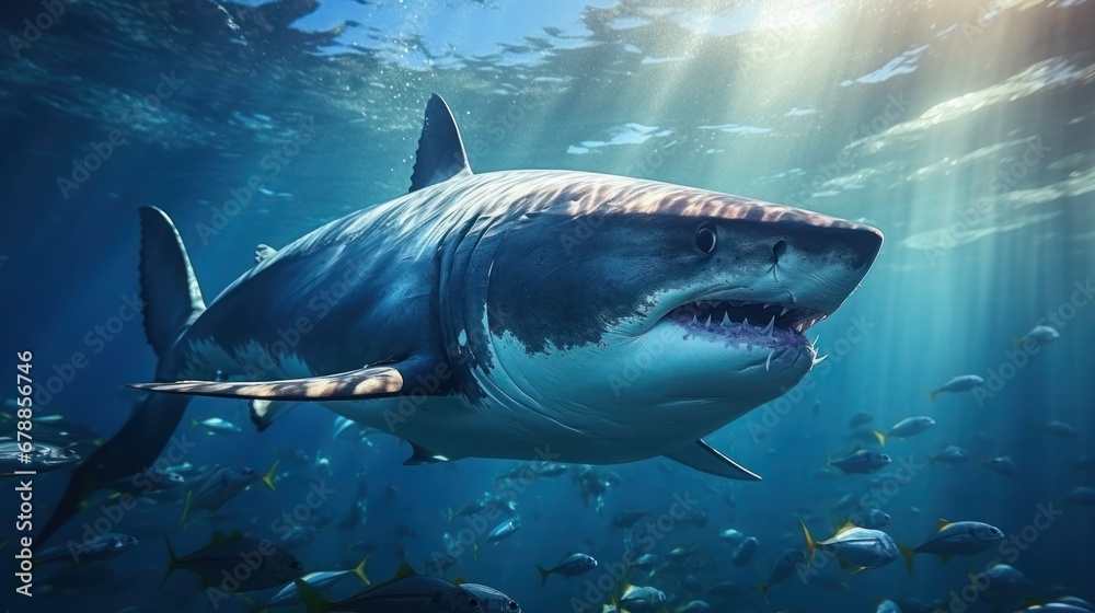 Dominant great white shark glides through the ocean depths surrounded ...