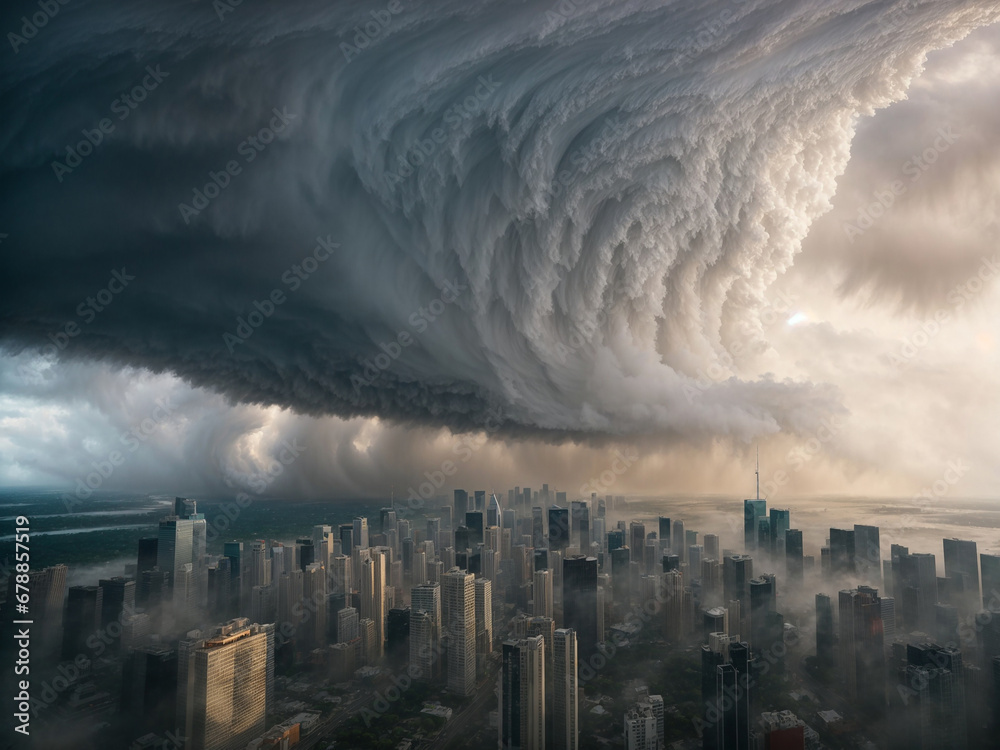 Gigantic storm or hurricane devastating a large city with skyscrapers ...