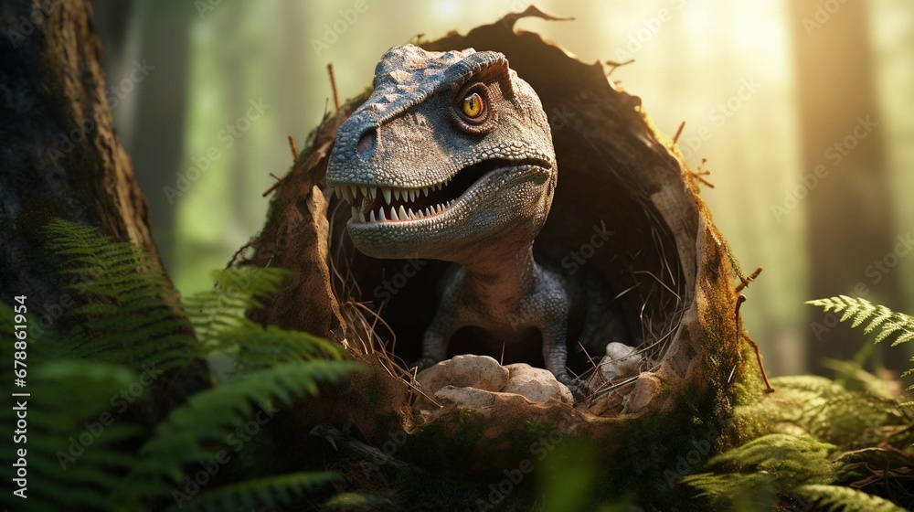 Young dinosaur T Rex hatches from an egg in forest in habitat Stock ...