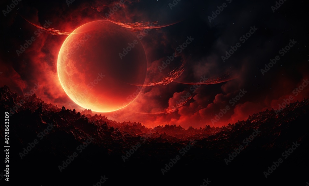 Surreal Landscape of a Giant Orange Moon Rising Over a Jagged Mountain ...