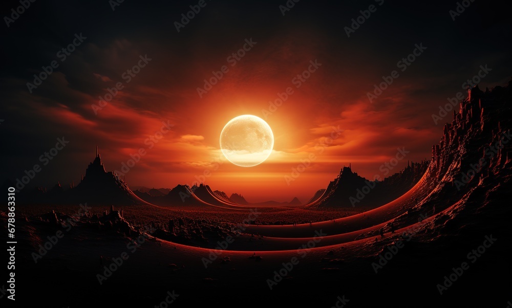 Surreal Landscape of a Giant Orange Moon Rising Over a Jagged Mountain ...