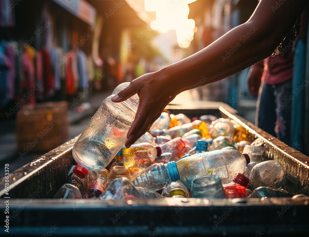 Colorful Waste Management: Orange, Yellow, and Blue Trash Bins Lined Up on a City Street Stock ...