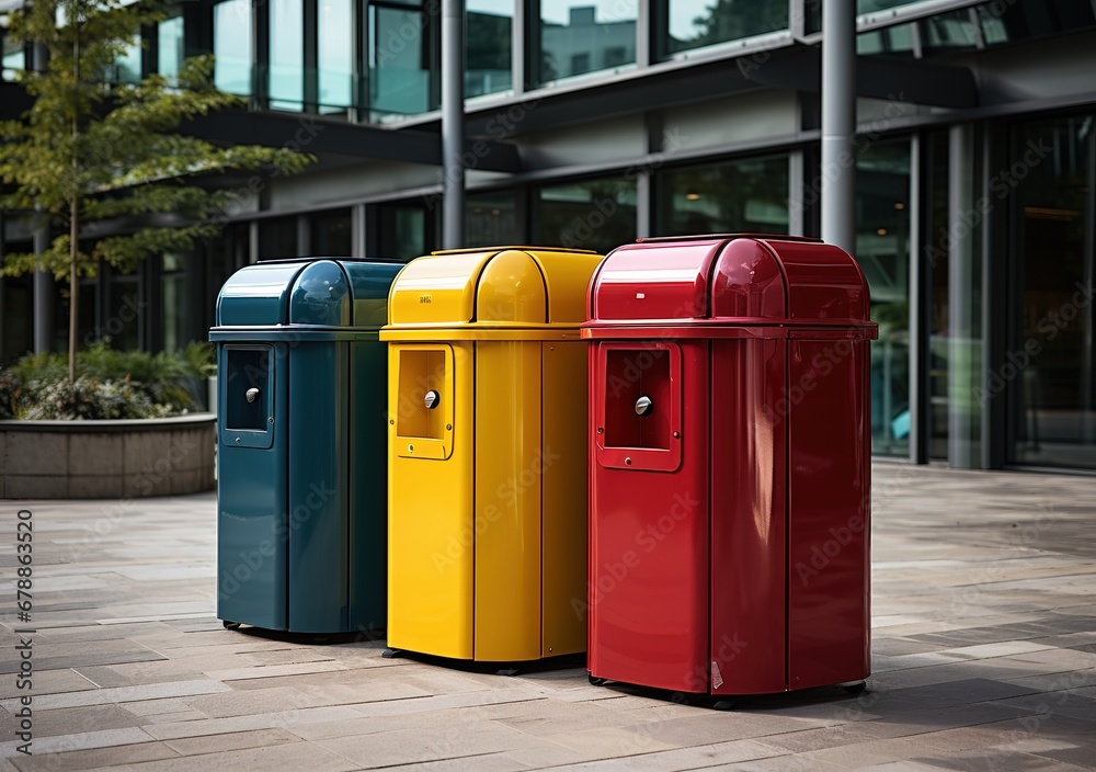 Colorful Waste Management: Orange, Yellow, and Blue Trash Bins Lined Up on a City Street Stock ...