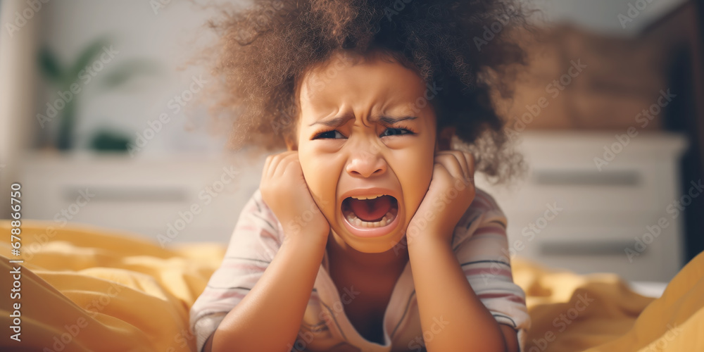 Little angry girl shouting in her room. Concept of emotions and family ...
