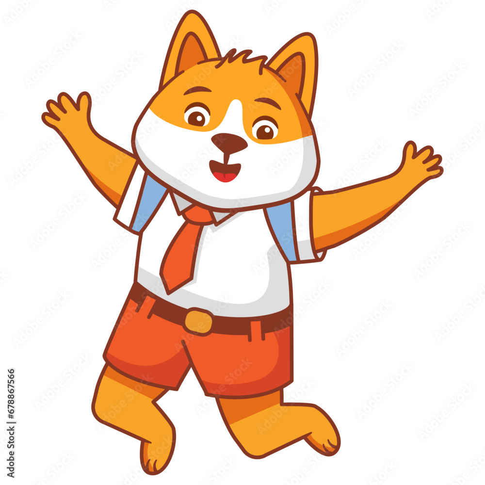 Cartoon dog going to school.A joyful cute tiger jumping cub in a school ...