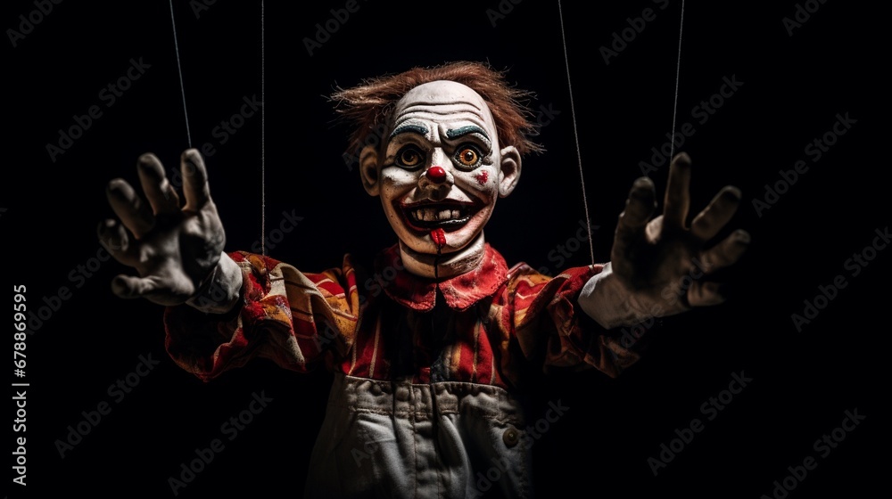 Scary puppet reaching out with the arm isolated on black background ...