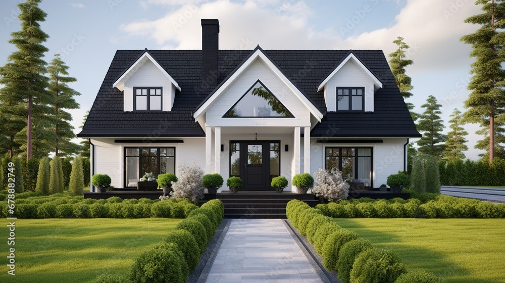 White Family House with Black Pitched Roof Tiles Stock Illustration ...