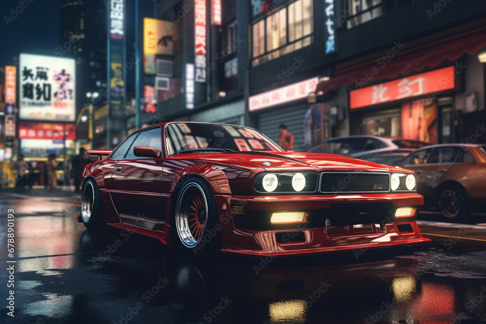 red car in Tokyo traffic in the night city created using generative Ai ...