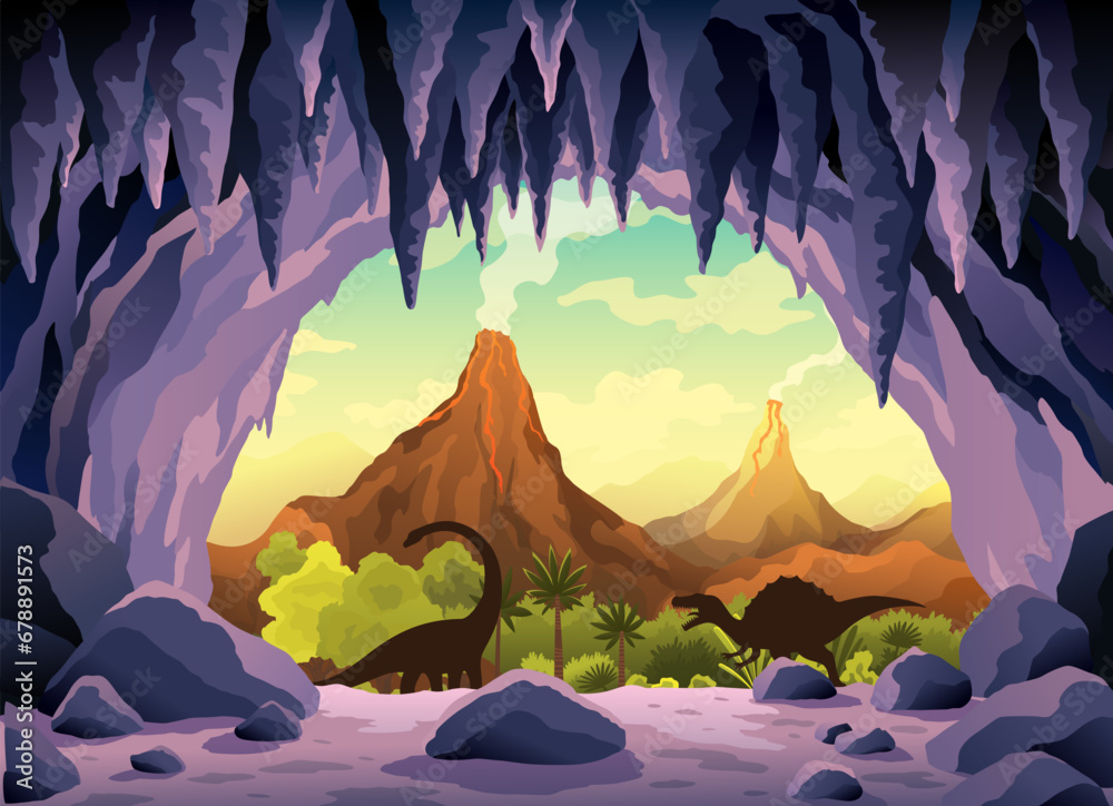 Cave landscape. Summer nature scene of cave entrance. Prehistoric ...