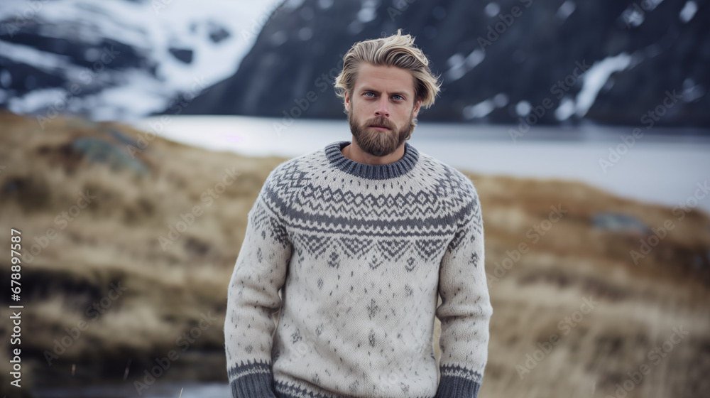 Beautiful icelandic girl wearing a Lopapeysa sweater. Classic nordic ...