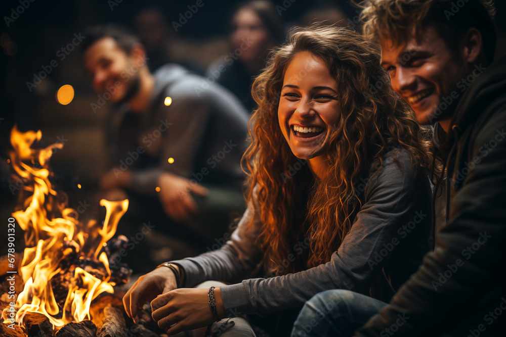 Happy group of friends laughing and bonding around a campfire ...