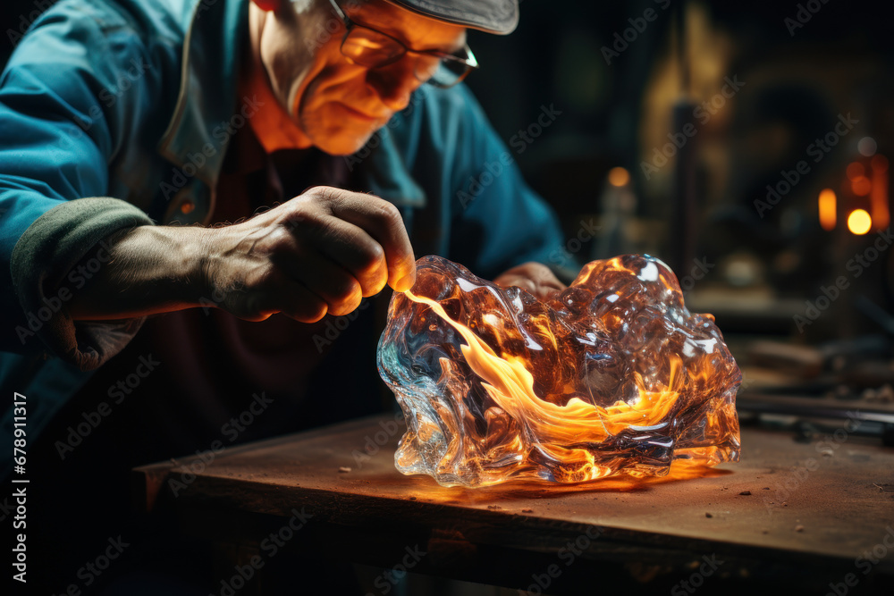 A talented glass artist sculpts molten glass into a delicate glass ...
