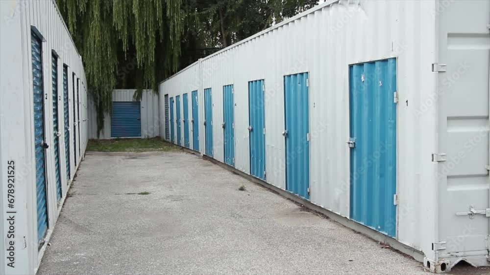 outdoor exterior public storage white shipping container bins with blue ...