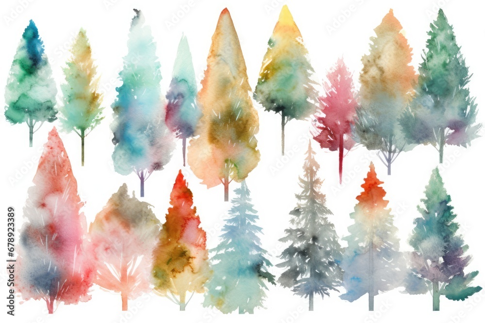 Set of christmas trees in the forest with snow, Christmas tree and ...