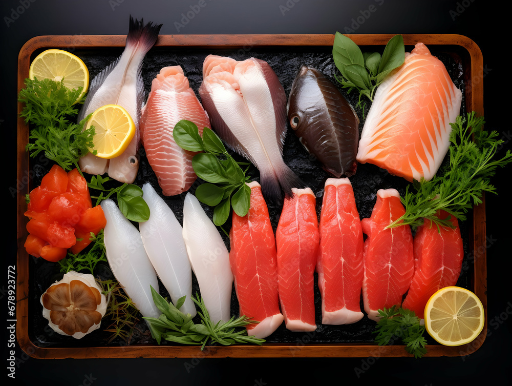 Seafood platter and fish fillet, salmon fillet, tuna fillet, octopus ...