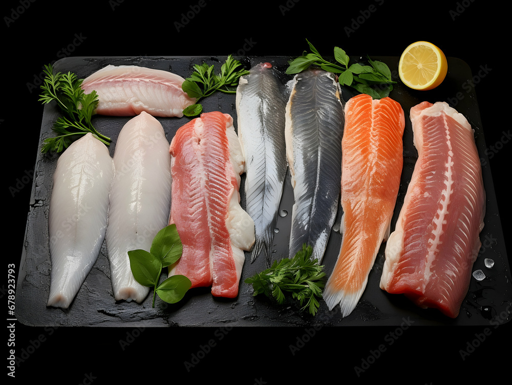 Foto de Seafood platter and fish fillet, salmon fillet, tuna fillet ...
