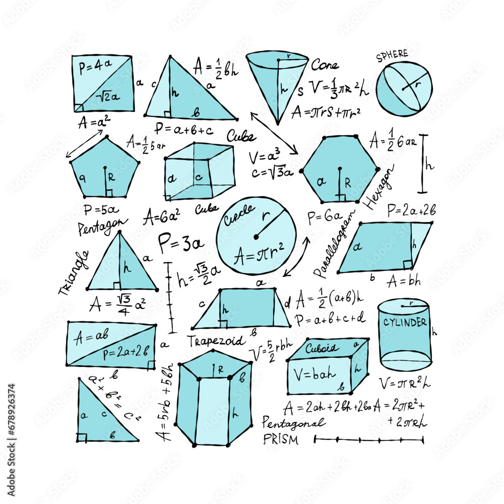 Mathematics and geometry, figures and formulas. For school, university ...
