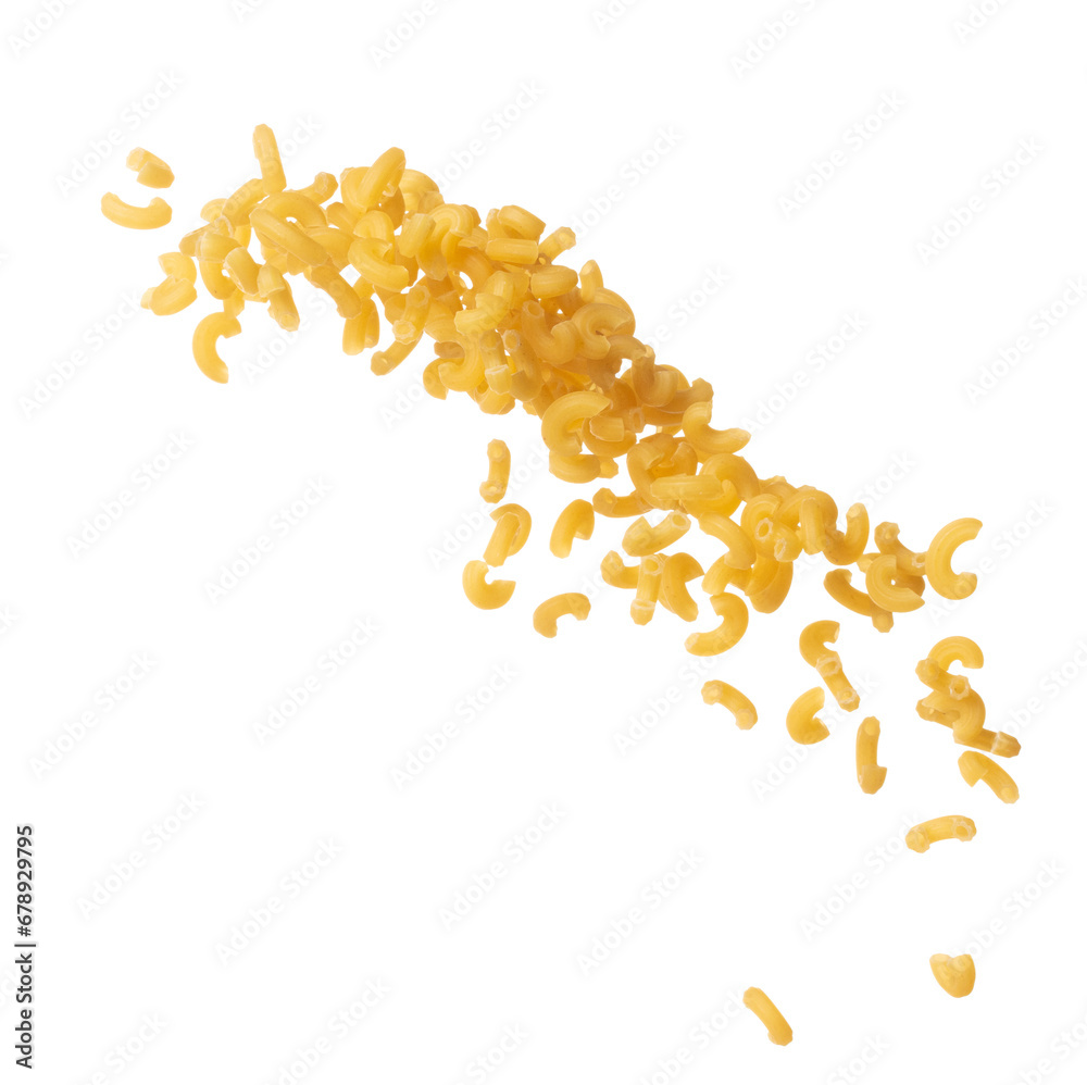 Macaroni flying explosion, yellow macaronis pasta float explode ...