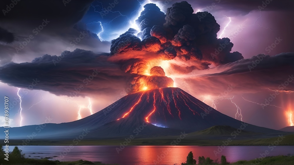 Volcano erupting with lightning in the sky. 4K - 8K - 12K TV ...