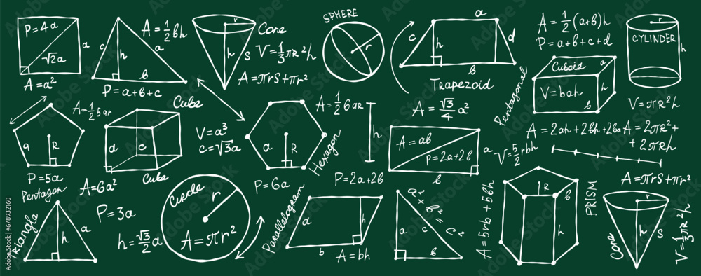 Mathematics and geometry, figures and formulas on dark green background ...