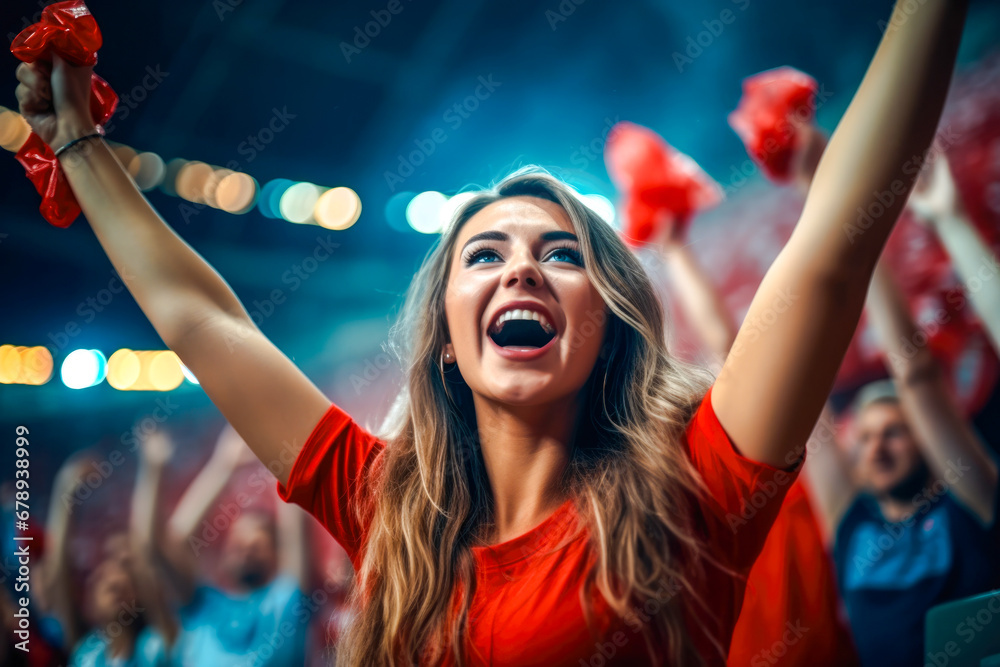Enthusiastic female sports fan is fully immersed in the excitement of a ...