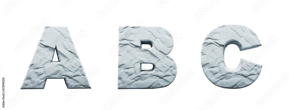 Crumpled paper alphabet. Letters A, B, C, made from crumpled white ...