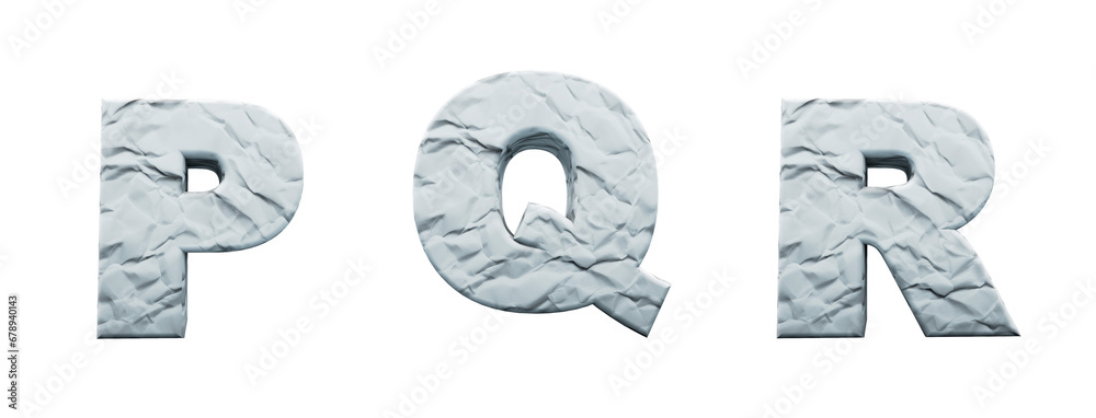 Crumpled paper alphabet. Letters P, Q, R, made from crumpled white ...