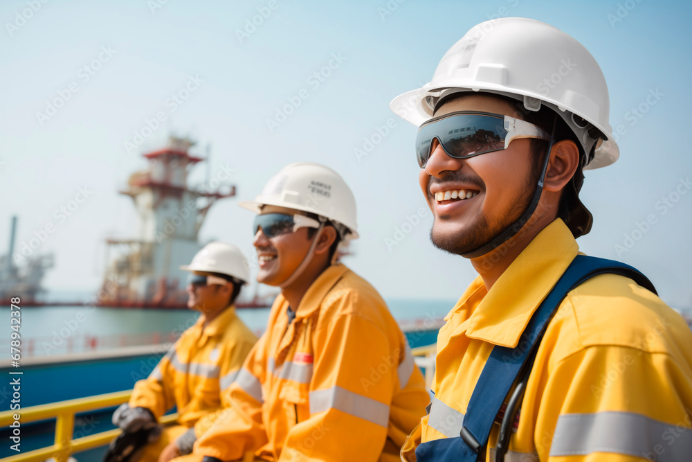 happy hispanic workers in a maritime petroleum platform working in the ...