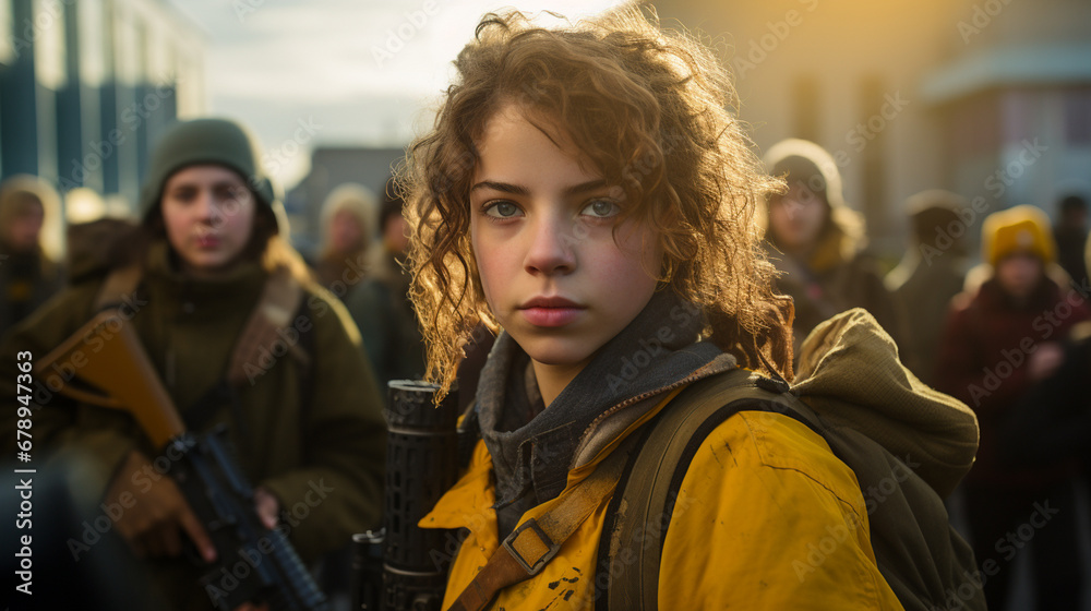 young teenager teen girl is armed, on the streets protesting or riot or ...