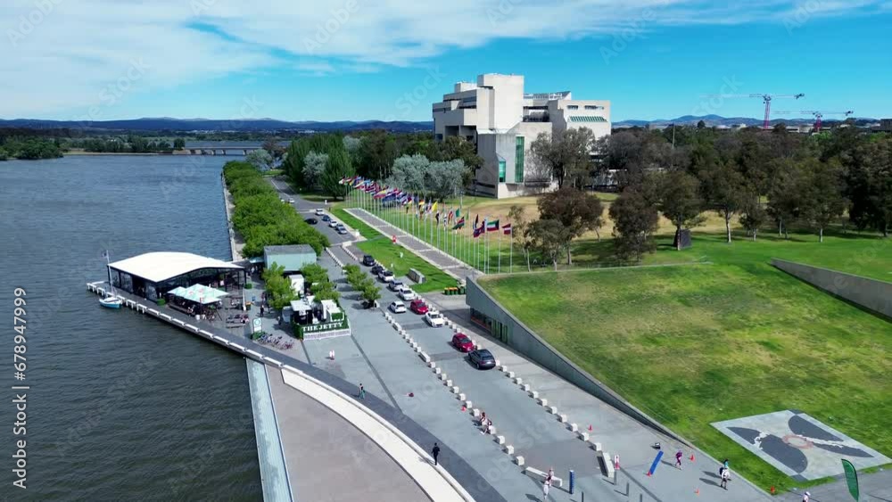 Drone aerial shot National art gallery The Jetty international flags ...