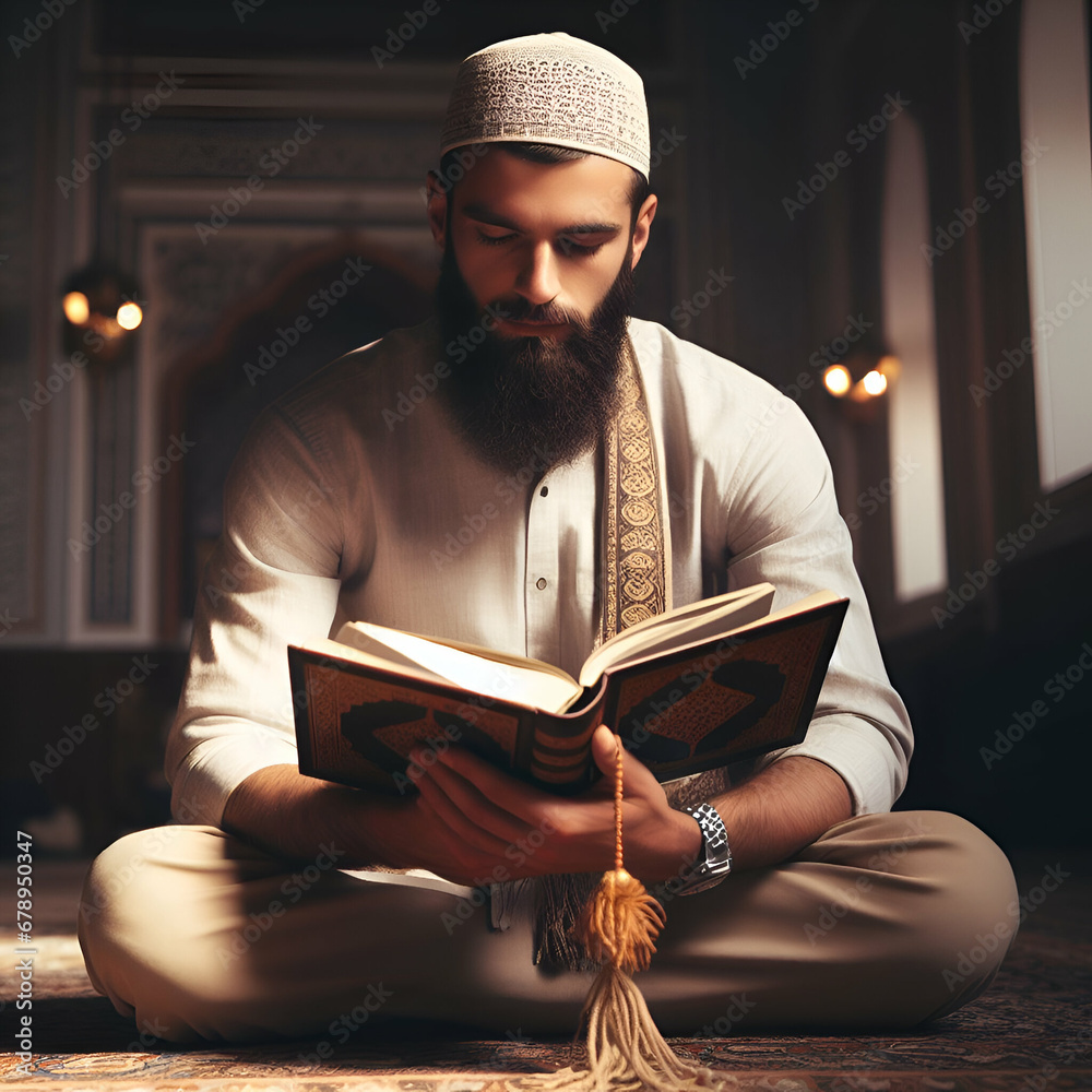 Islamic Religious Muslim Man Sitting on a Rug Holding & Reading the ...