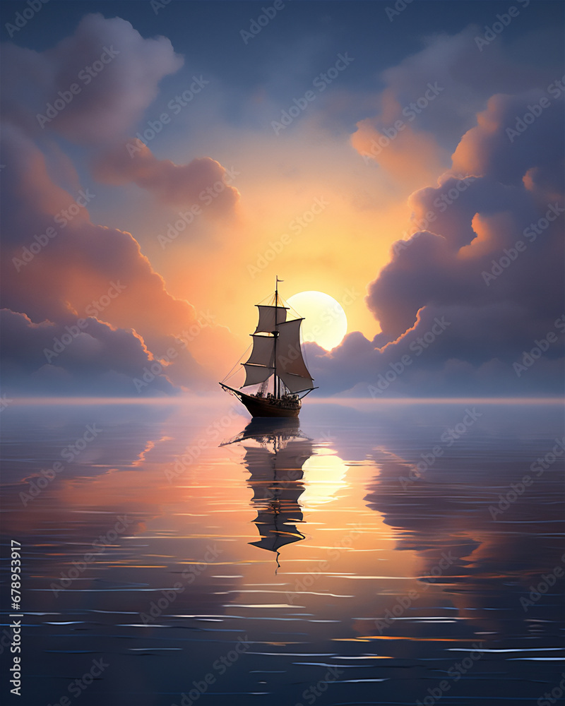 Calm Sea At Tropical Beach In Sunset A Huge Pirate Sailing Ship Sailed Above It Reflection
