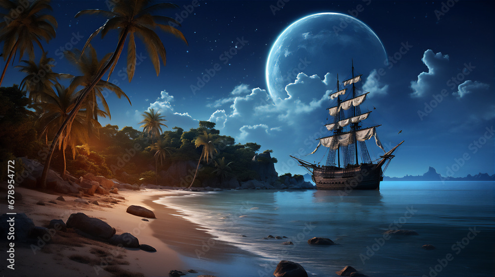 calm sea at tropical beach in the night with the moon and stars, a huge ...