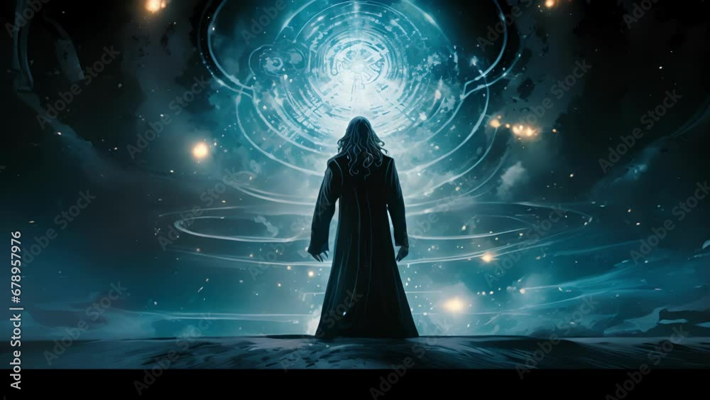 A magus seated upon a pedestal of swirling stars their hands forming ...