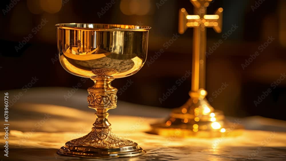 Closeup of a golden chalice and paten, used to hold the wine and bread ...