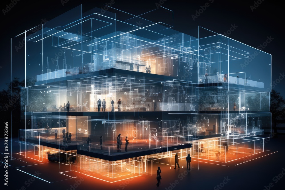 Generate a 3D X-ray of an office building. Overlay the image with ...