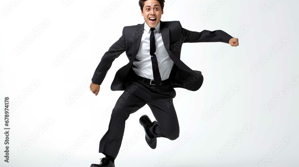 The image captures a full-length shot of a young man in mid-air ...