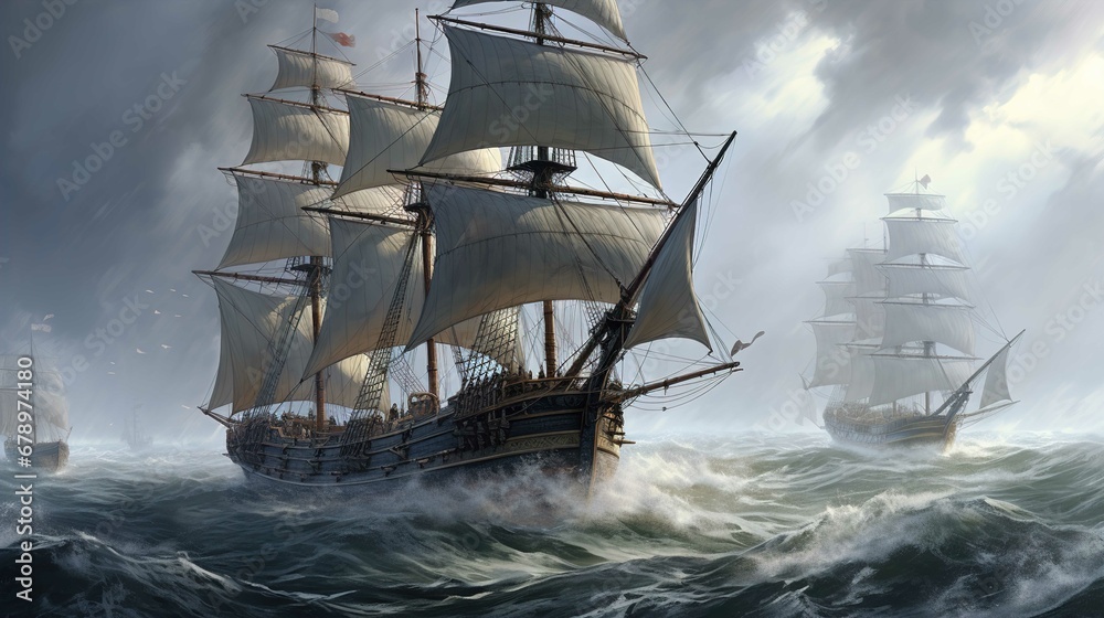 This dramatic image depicts several large, old-fashioned sailing ships ... This dramatic image depicts several large, old-fashioned sailing ships ...