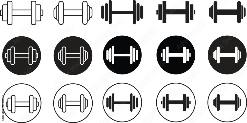 Set of Dumbbells icons in Black flat style. Gym heavy strength training ...