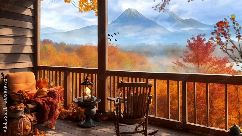 Retro Cozy Autumn Fantasy Porch with Blowing Fall Leaves, Distant ...