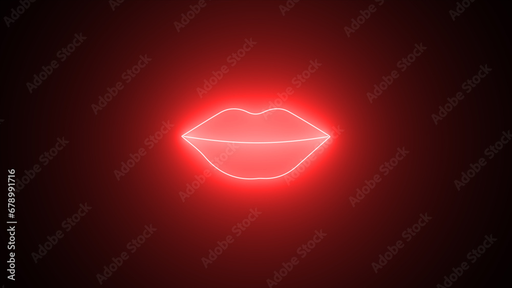 Fashion red lips neon line illumination illustration in outline style ...