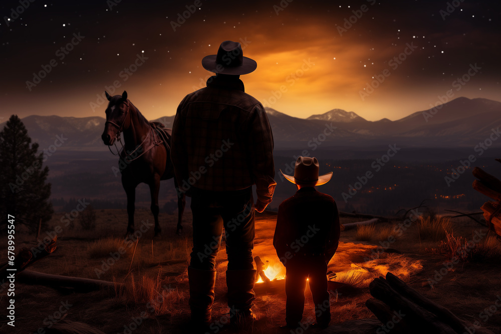 Dad Son Boy Father Cowboy Hat Horse Sunset Campfire Fire Stock Photo ...