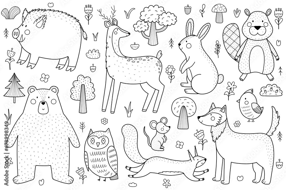 Cute forest animals black and white set. Woodland characters collection ...