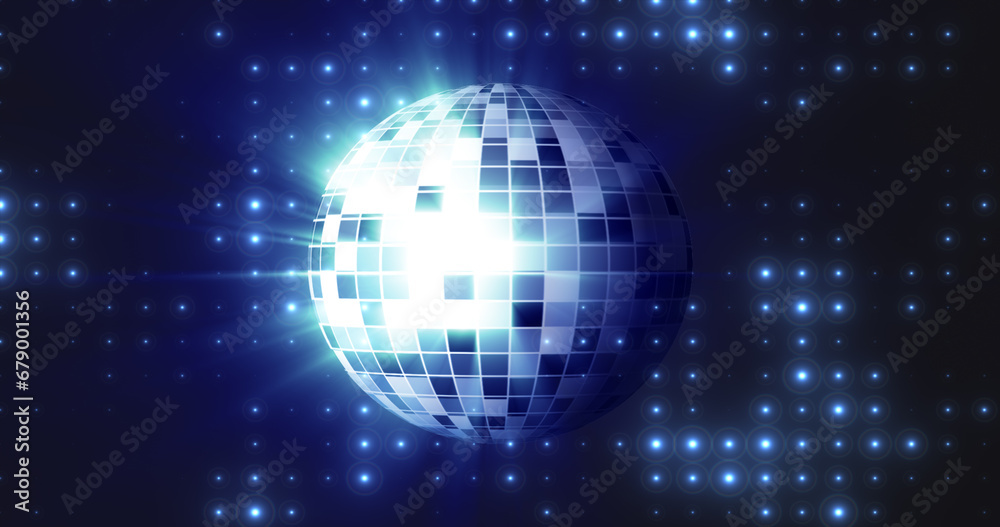 Abstract blue mirrored spinning round disco ball for discos and dances ...