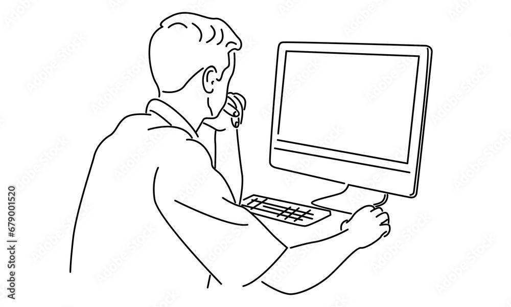 line art of office worker concentrated behind computer Stock Vector ...