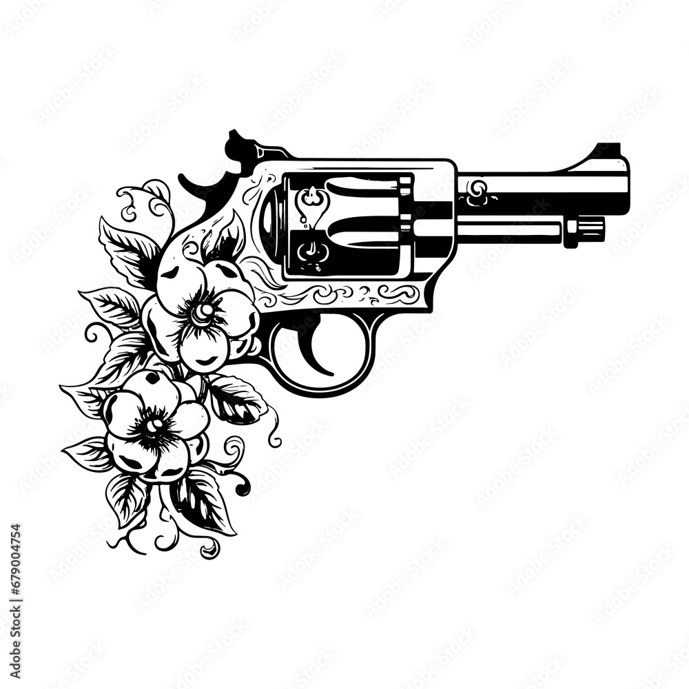 Tattoo illustration of revolver colt with three roses, Revolver with ...