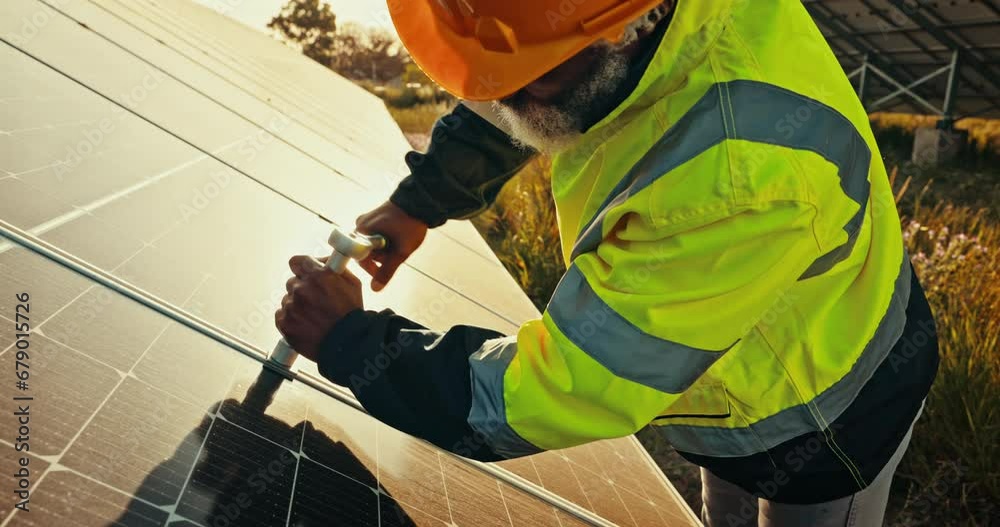 Solar panel, maintenance and construction worker with renewable energy ...