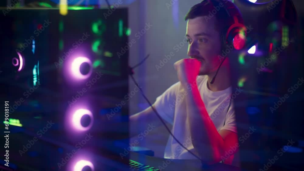 Young Man Video Gaming On Modern Personal Computer. Male Gamer Enjoys ...