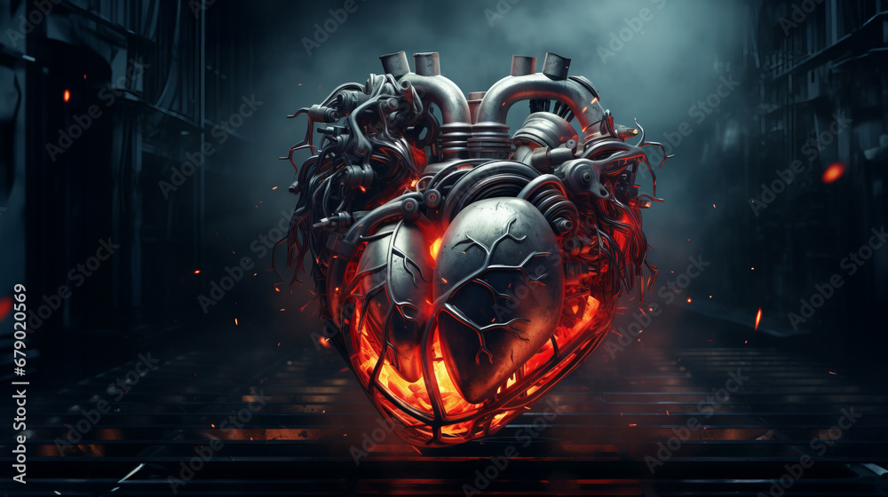 Steel heart engine pulses with fiery red glow, against gloomy smoky ...